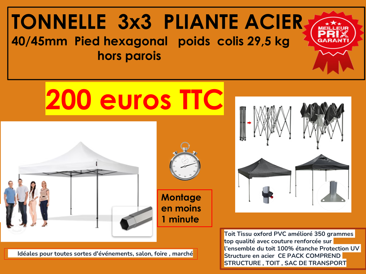 Tonnelle Pliante 3x3m Acier 40/45mm ( ACHAT ) - Tonnelle Caen