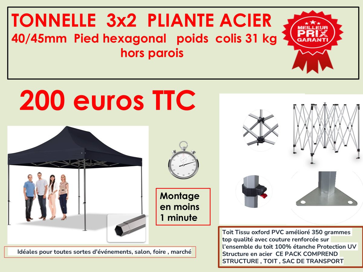 Tonnelle Pliante 3x2 m 40/45 mm Acier (ACHAT ) - Tonnelle Caen